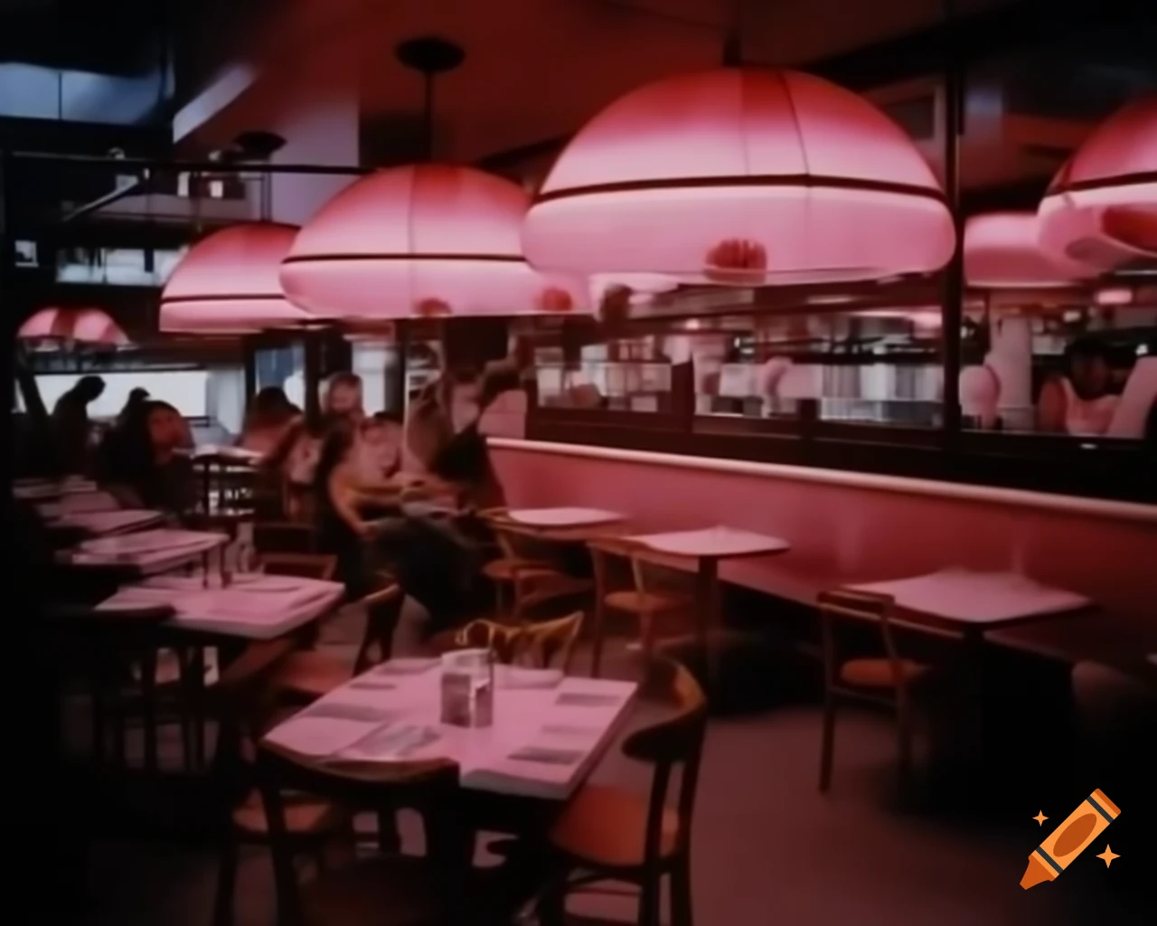 90s American-style café in São Paulo with flag and dark pink color ...