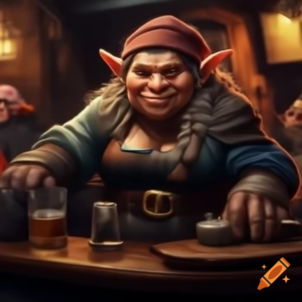 Female Dwarf tending bar in brightly-lit saloon with sturdy build and ...