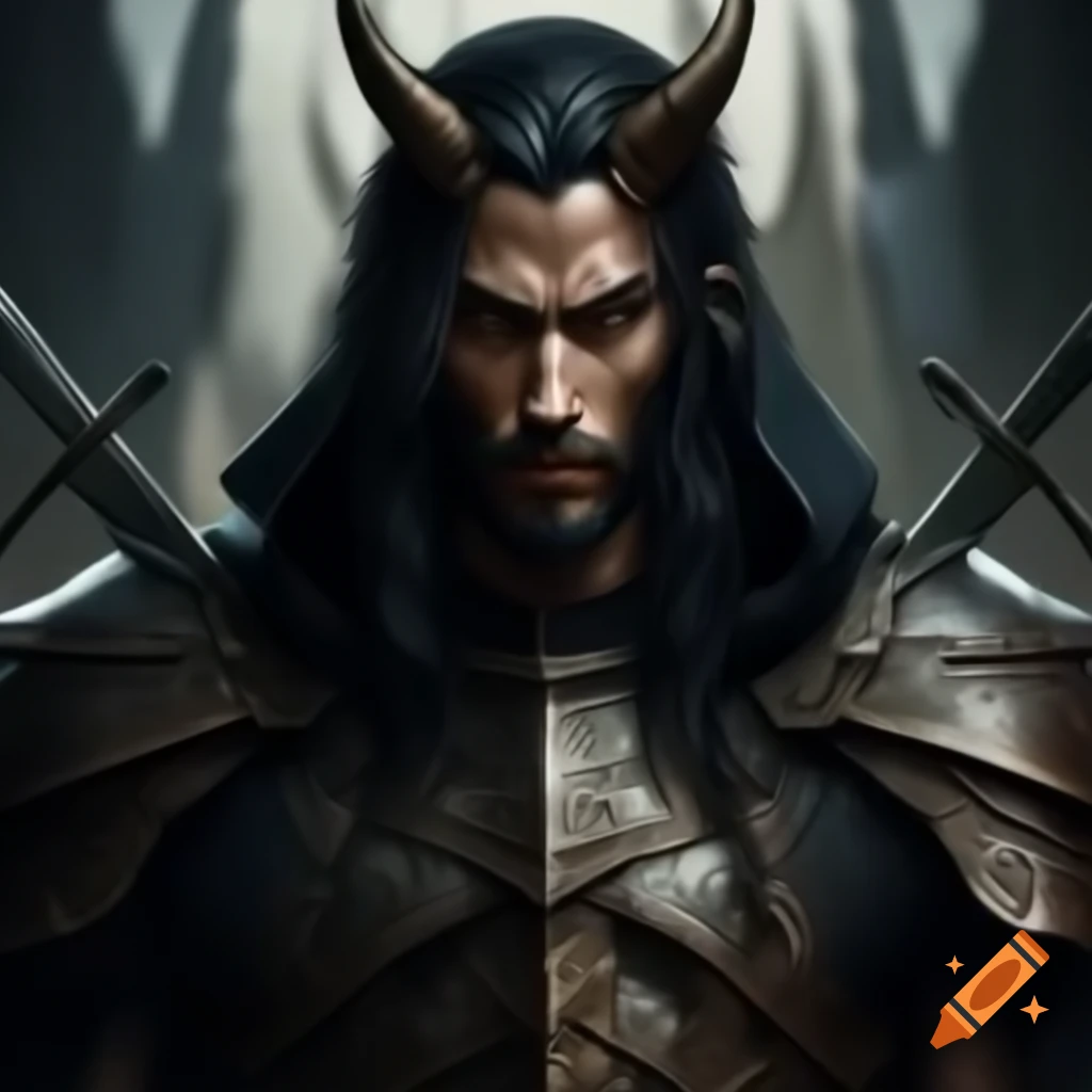 Handsome male human with horns in black plate armor and hooded cloak ...