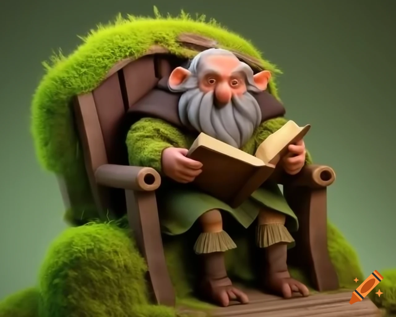 Old hobbit reading on moss chair, kawaii 3D render on Craiyon