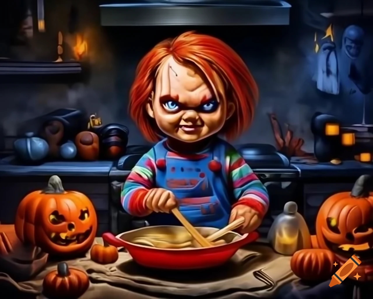 Spooky character resembling a doll cooking in a kitchen on Craiyon