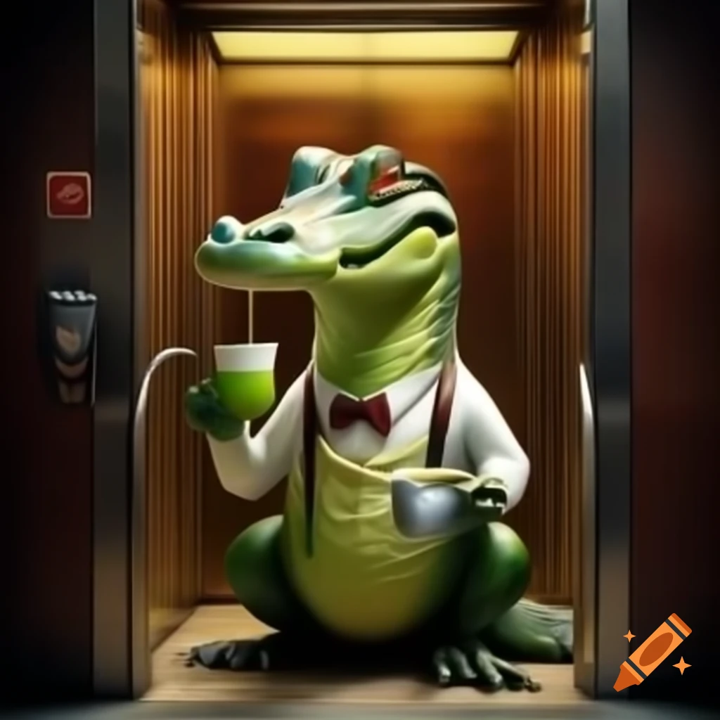 Cartoon alligator in waiter outfit sipping green tea inside elevator on Craiyon