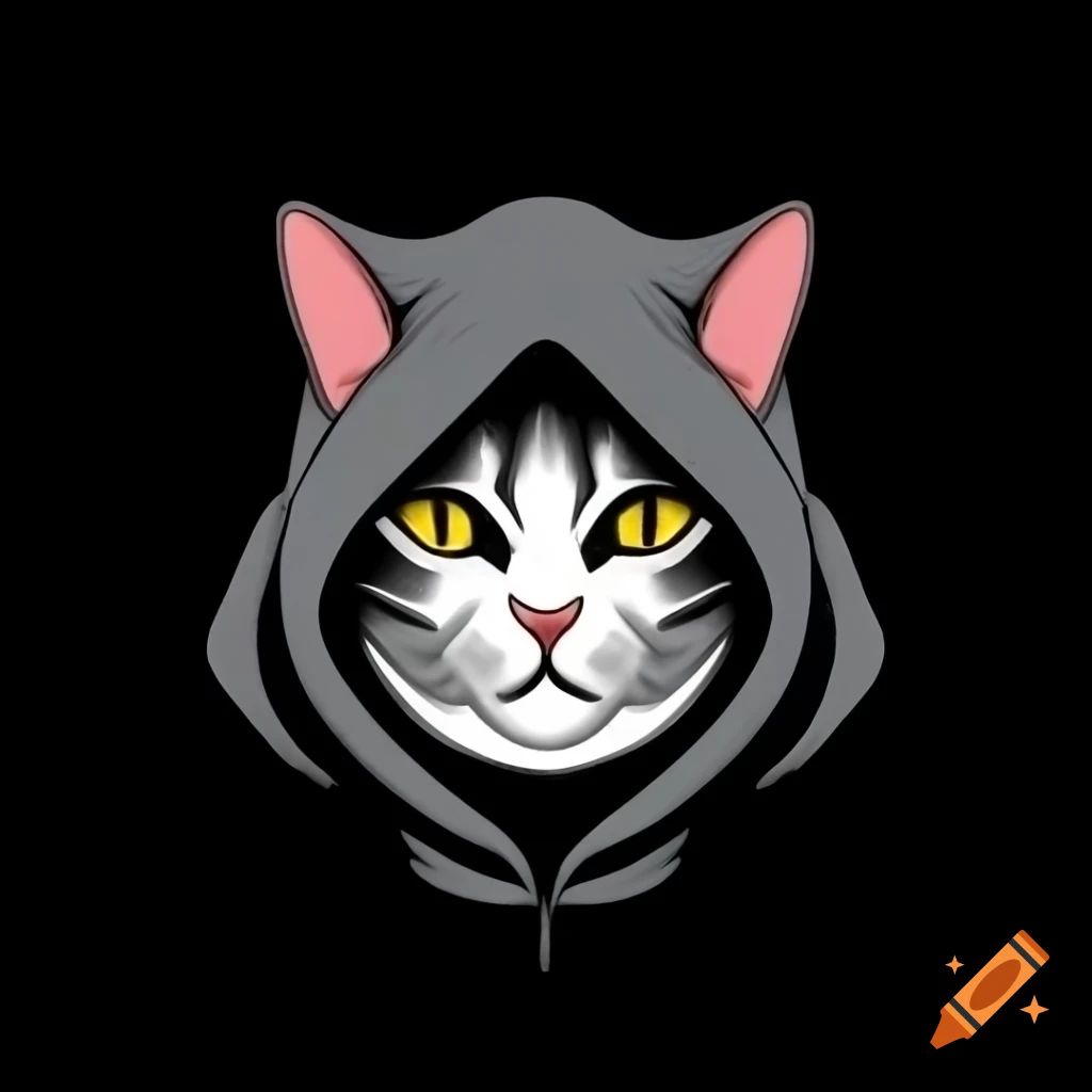 Minimalist design of cat in hood with anonymous mask logotype on Craiyon