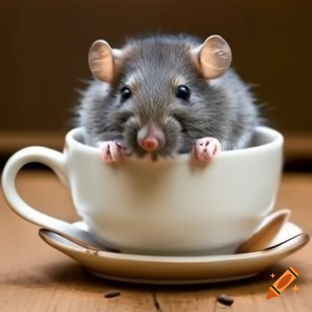 Grey rat with tan feet and ears sitting in a tea cup on Craiyon