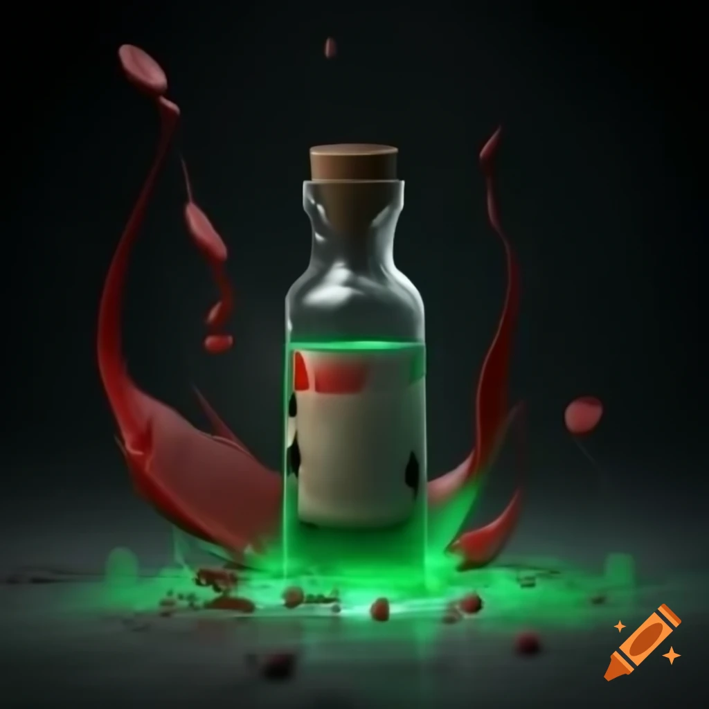 Concept design of cracked glass vial with jagged neck and faded labels ...