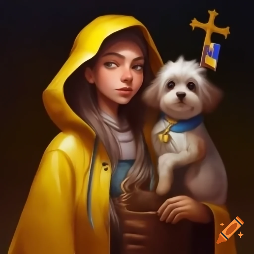 Luce in yellow raincoat with dog Santino, guiding pilgrims with shells ...
