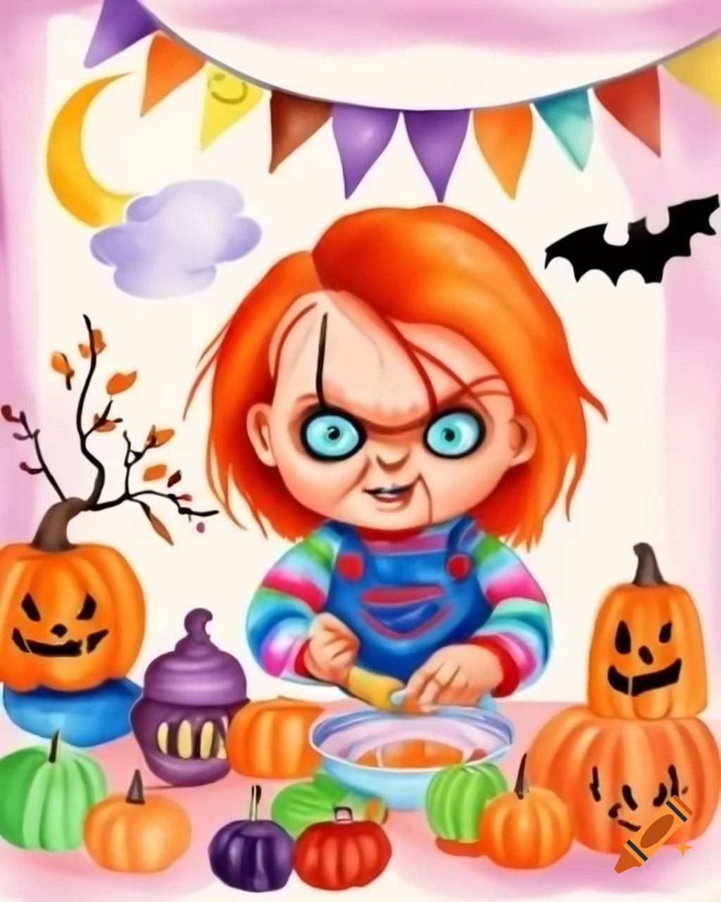 Chucky character cooking in a playful setting on Craiyon