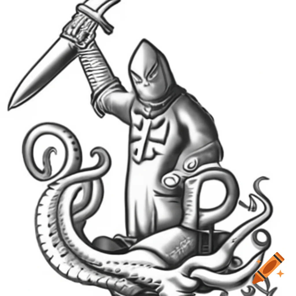 Knight with octopus cloak, swordfish sword, and turbot shield on Craiyon