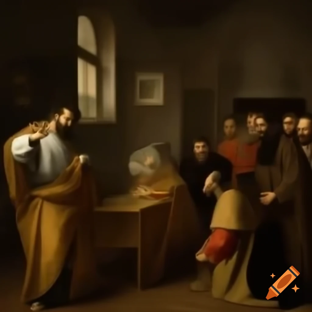 Painting in Velazquez style showing scientists and druids in a medieval ...
