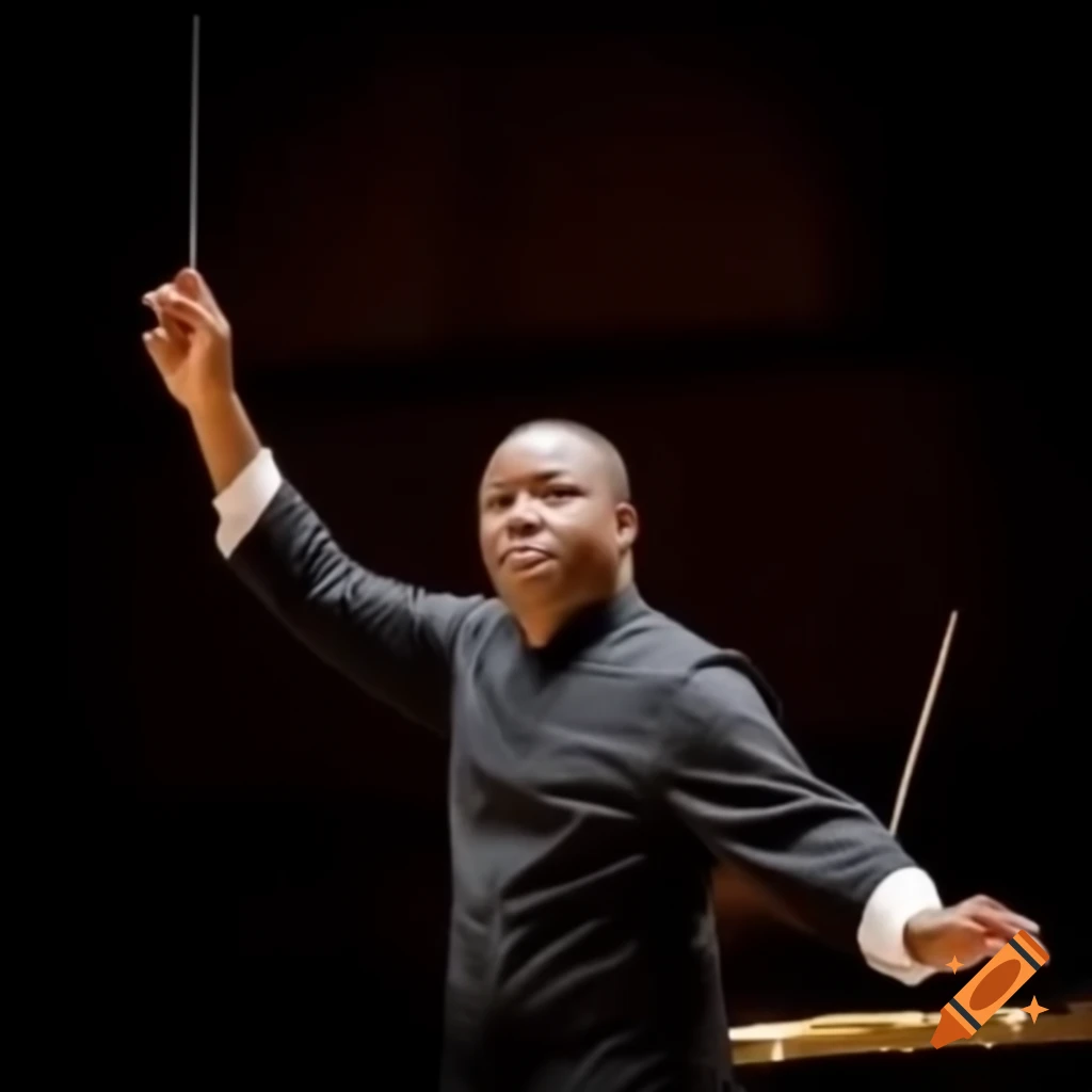 African conductor leading harmonious orchestra with floating musical ...