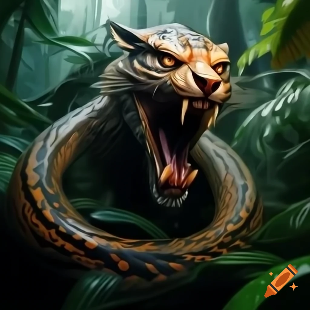 Hybrid creature combining tiger and snake features in misty rainforest ...