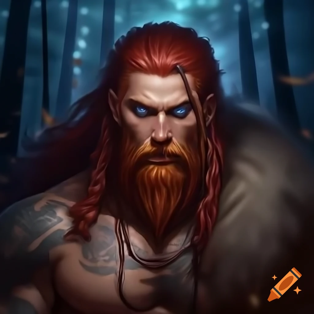 Young male with long red hair and braided beard, fur pelt, norse ...