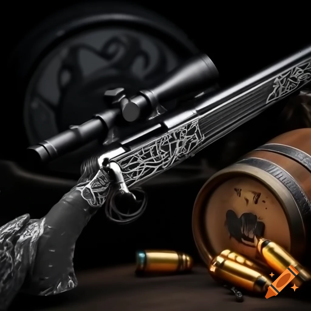 Lever action rifle with black steel barrel and raven skull grip ...
