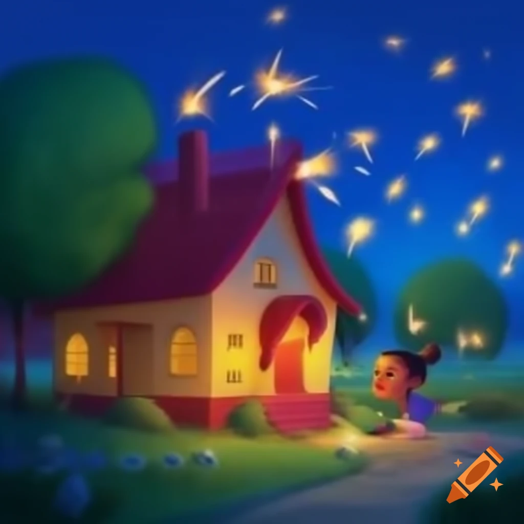Vibrant diwali scene with cartoon house and child lighting lamps on Craiyon