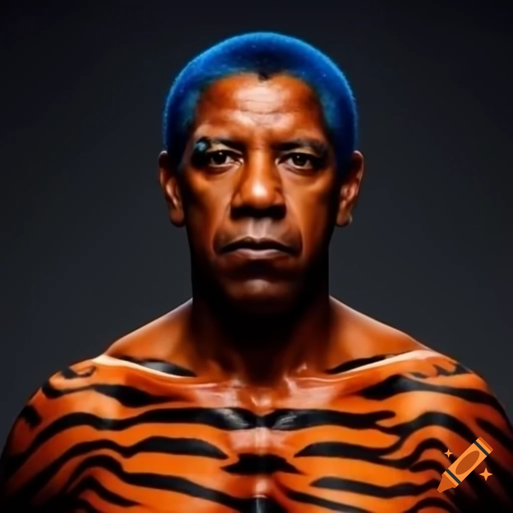 Muscular man with tiger makeup featuring blue hair and orange skin on ...