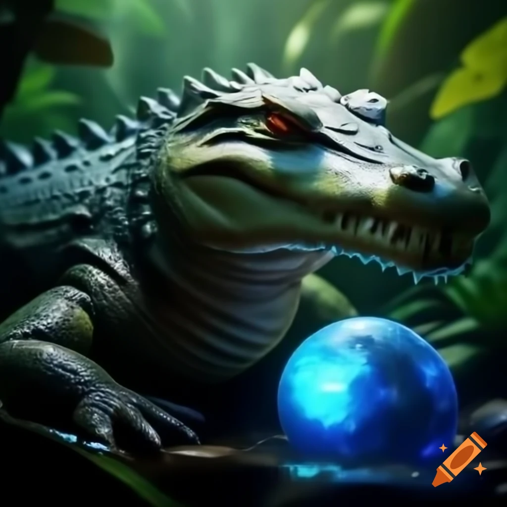 Majestic crocodile with glowing green eyes in tropical rainforest ...