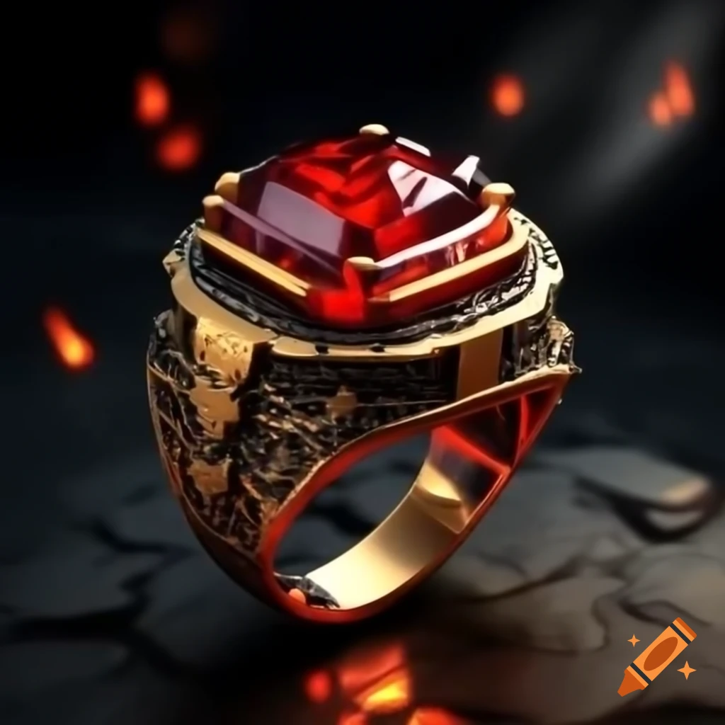 Hyperrealistic black red and gold ring with dwarven runes and blazing ...