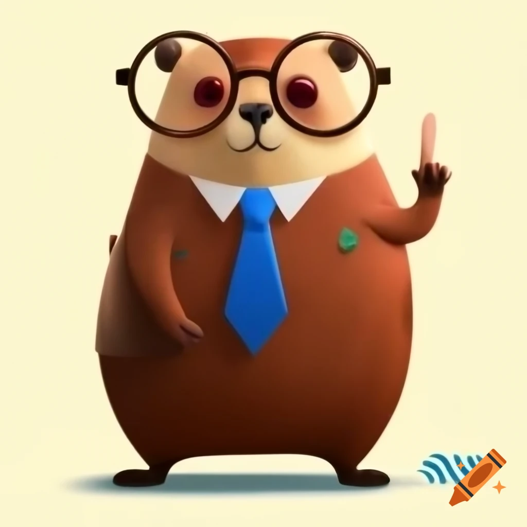Beaver with red eyes in glasses and blue tie, holding up one finger on ...