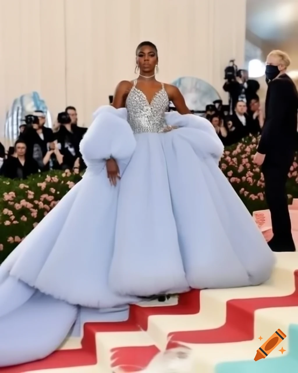 Starlet in dazzling gown at met gala red carpet with flashing cameras ...