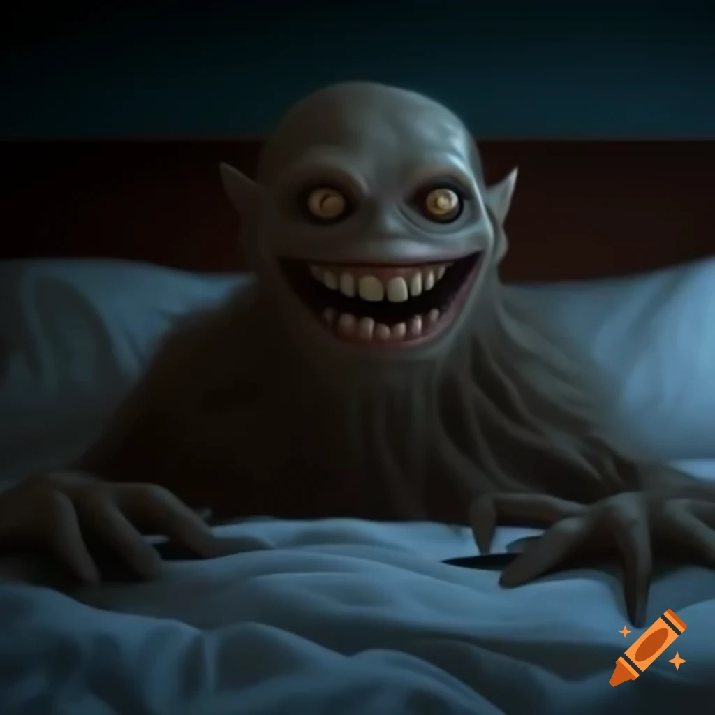 Horrific creature with sharp teeth and large smile reaching from under ...