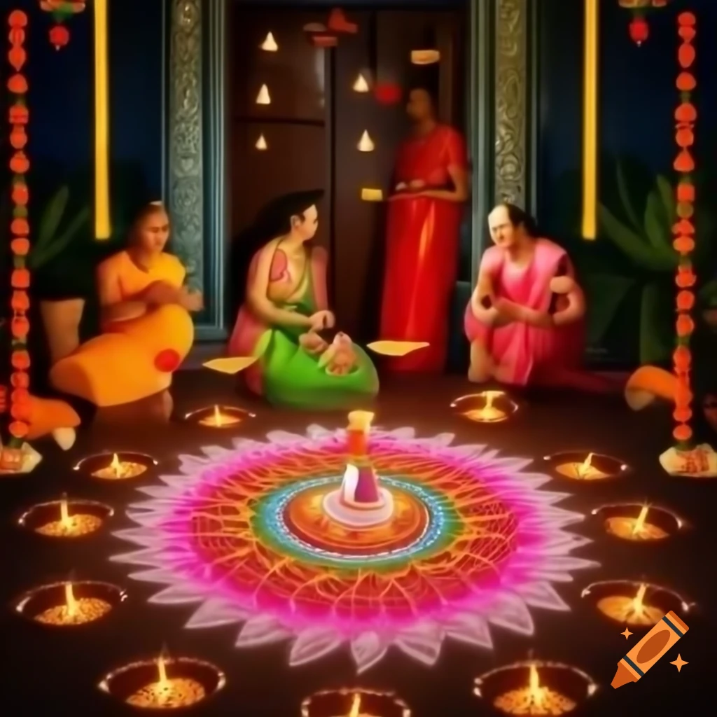 Colorful Deepavali celebration with lit diyas and rangoli design on Craiyon