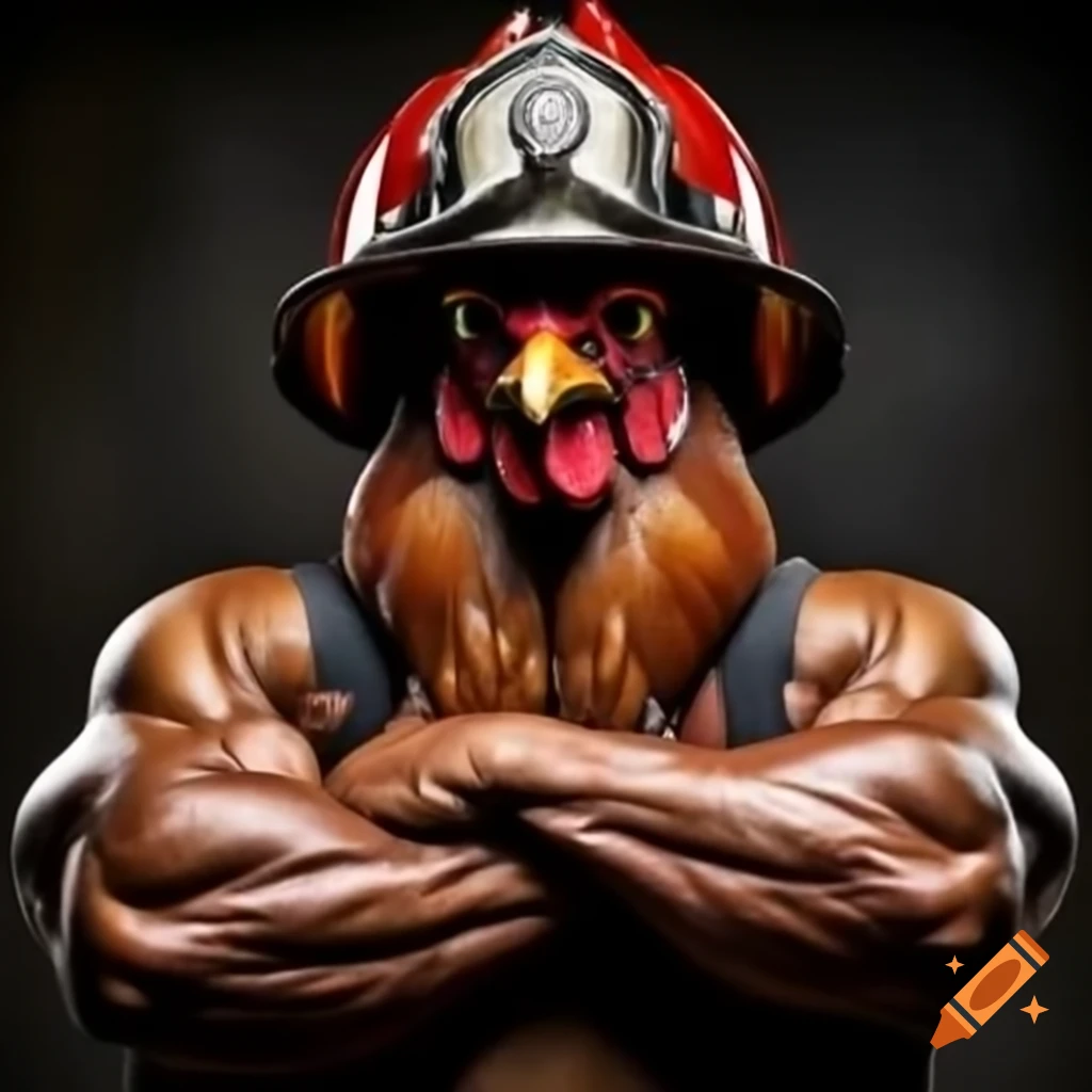 Muscular rooster in firefighter helmet flexing muscles on Craiyon