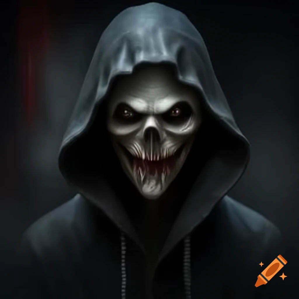 Scary horror machine with flesh-like features and hood on Craiyon