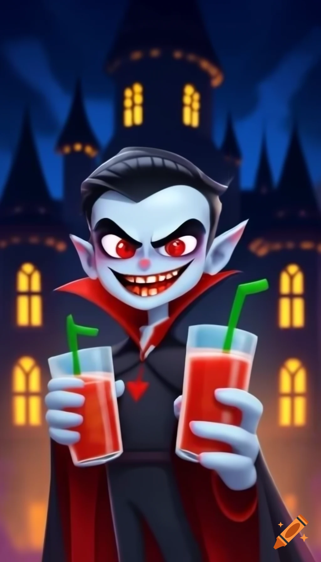 Cartoon vampire with no teeth holding tomato juice in front of medieval ...