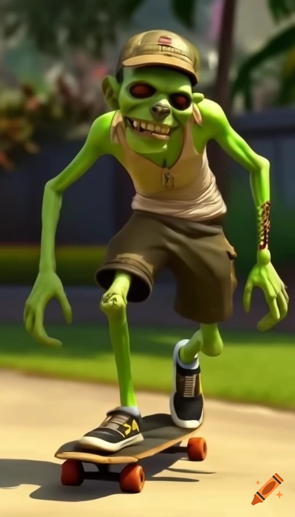 Zombie skateboarding in plants vs zombies art style on Craiyon