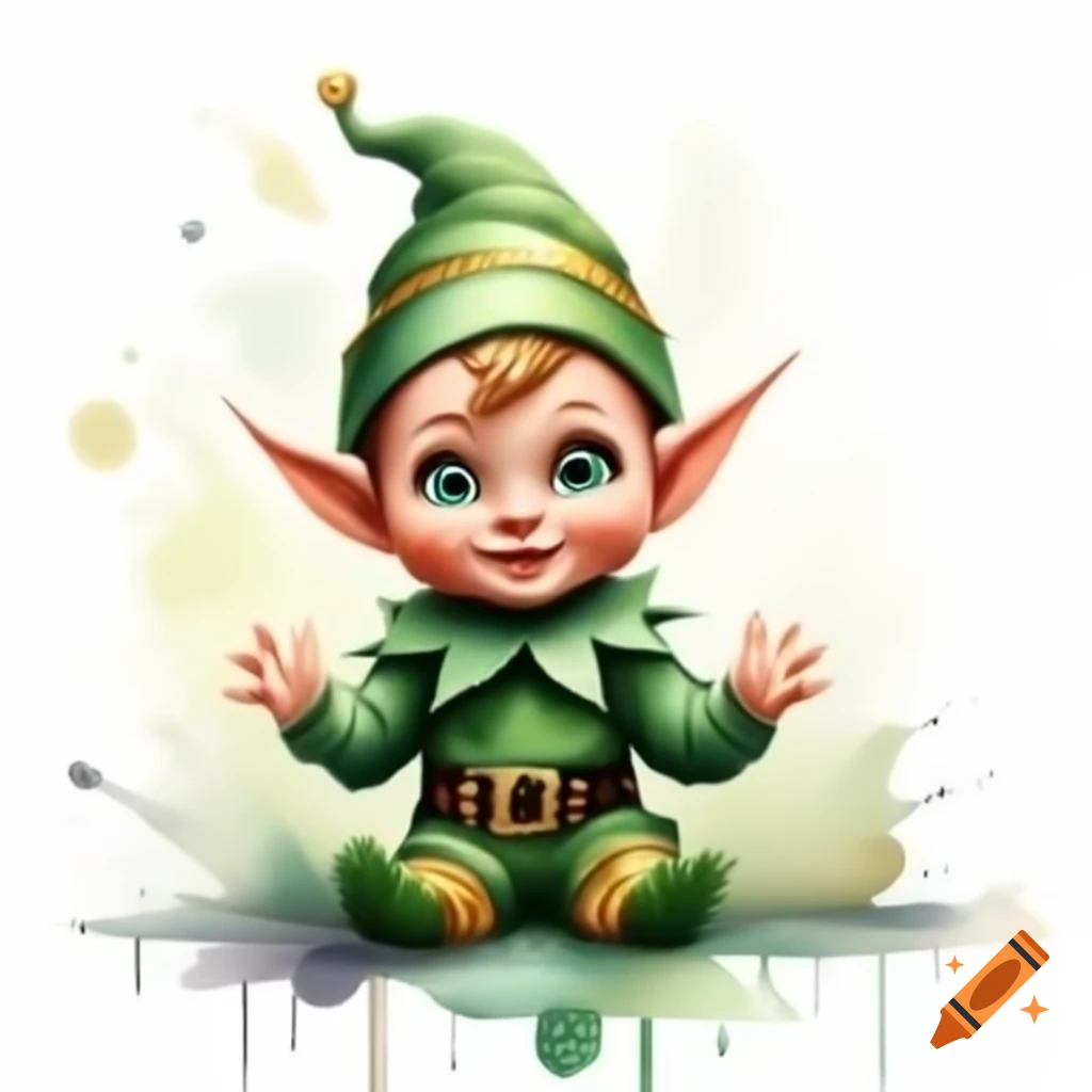 Baby elf waving in green, silver, and gold watercolor style on Craiyon