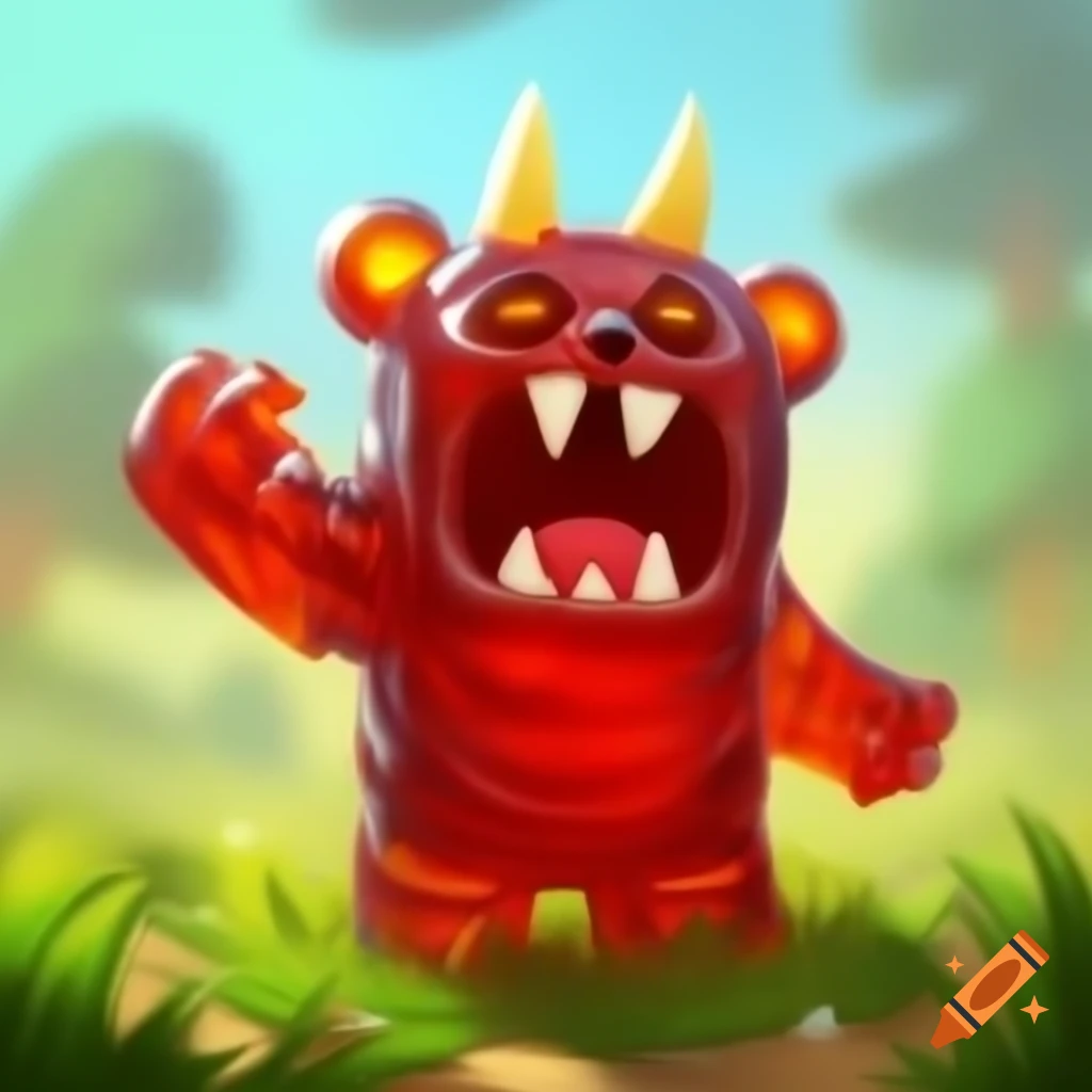 Cute evil gummy bear character with unique features in grassy field on Craiyon