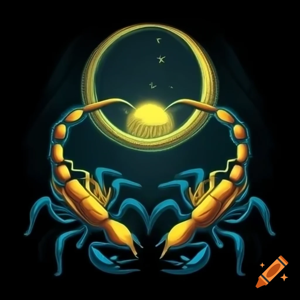 Artistic design of two scorpions embracing, forming a moon and sun ...