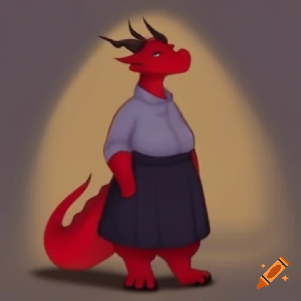Obese female red dragon in a skirt and shirt, illuminated by ambient ...
