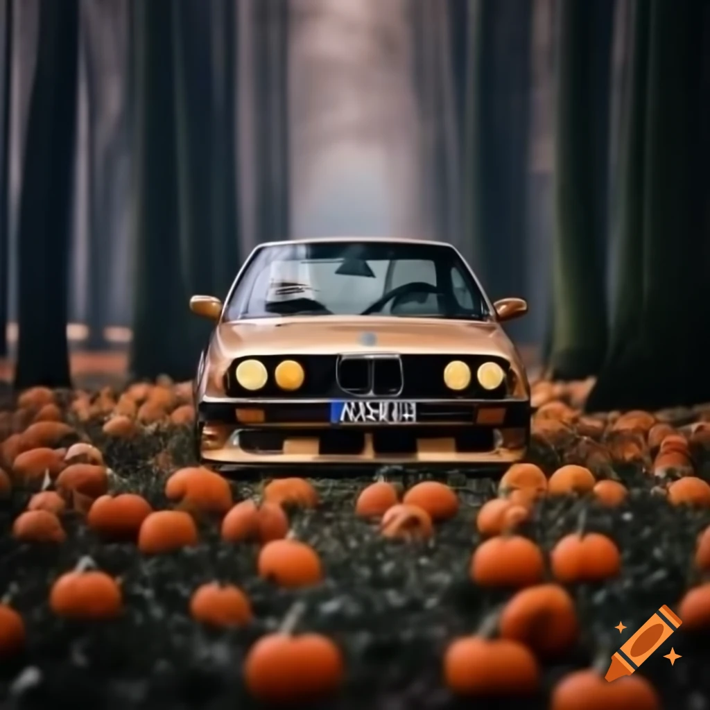 Gold BMW E39 parked in autumn forest with Halloween pumpkins and neon ...