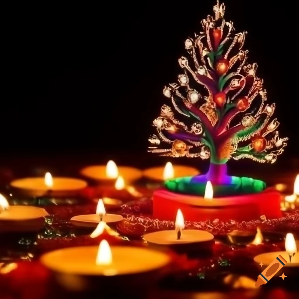 Vibrant diwali tree adorned with colorful lights and decorations on Craiyon