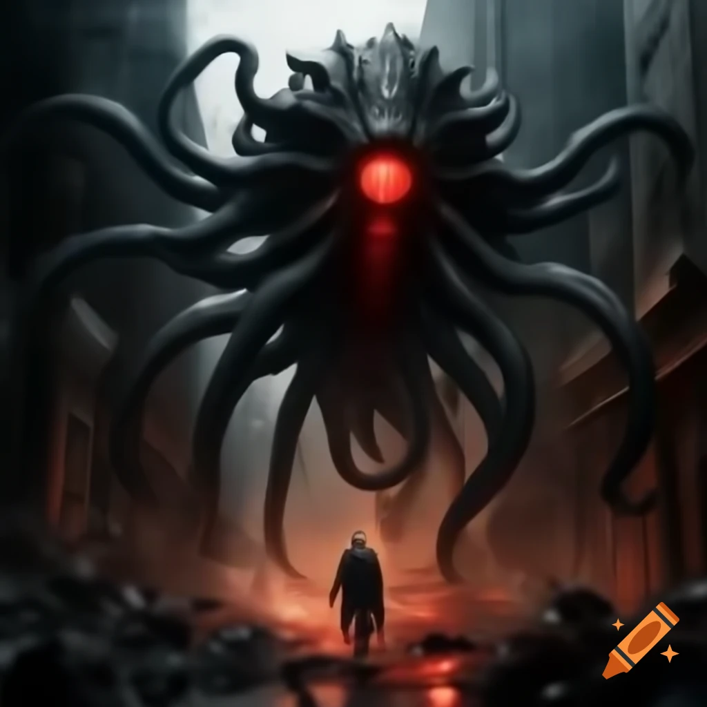 Apocalyptic creature with glowing red core and tentacles floating ...