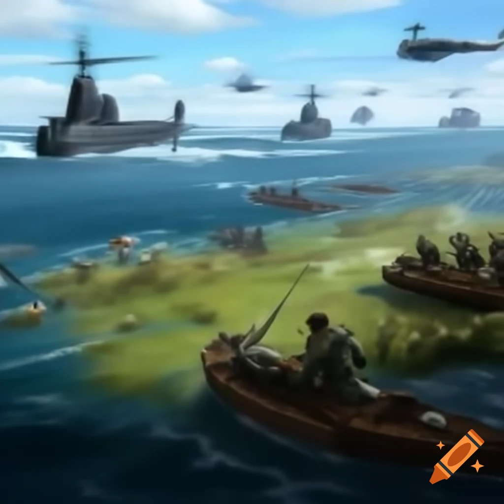 Military battlefield with marines, ocean for ships, and sky for planes ...