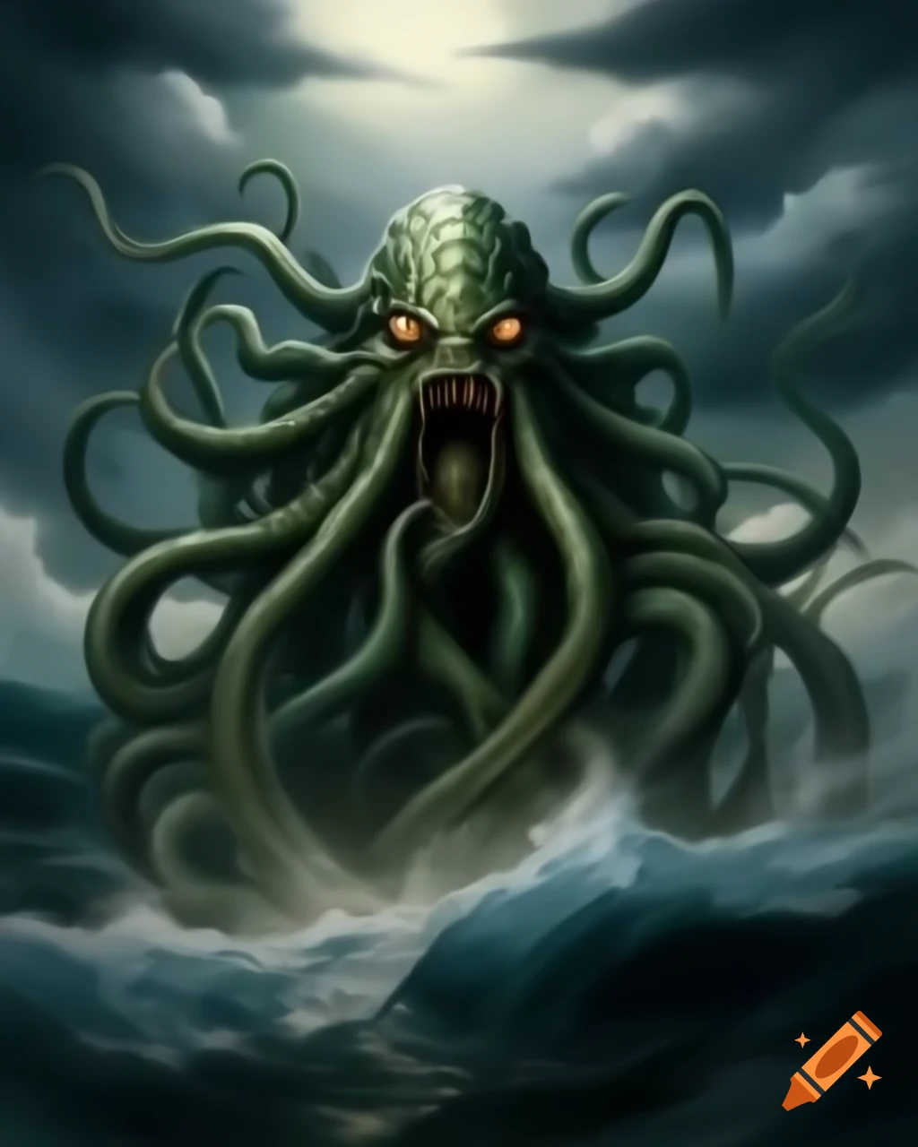 Cthulhu rising from stormy sea in horror theme on Craiyon