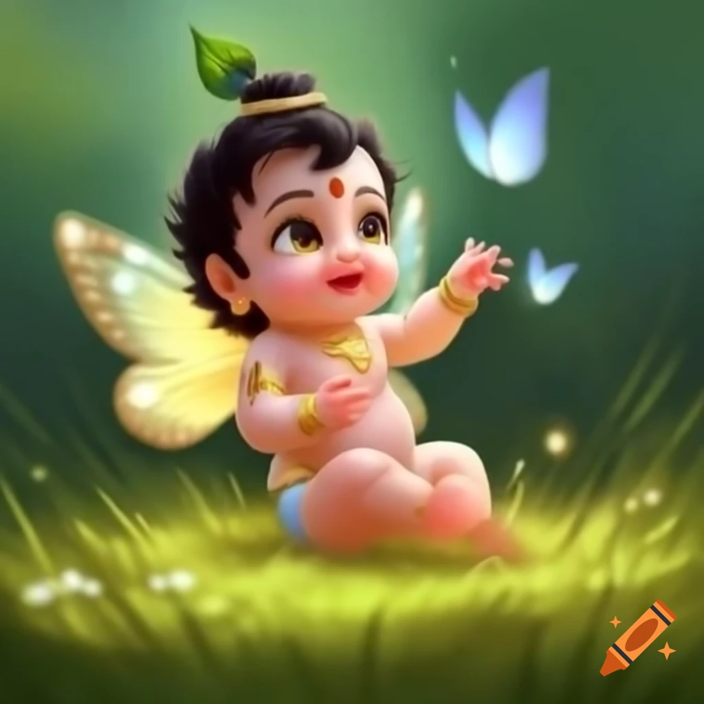 Baby rama crawling in grass reaching for butterflies with sparkling ...