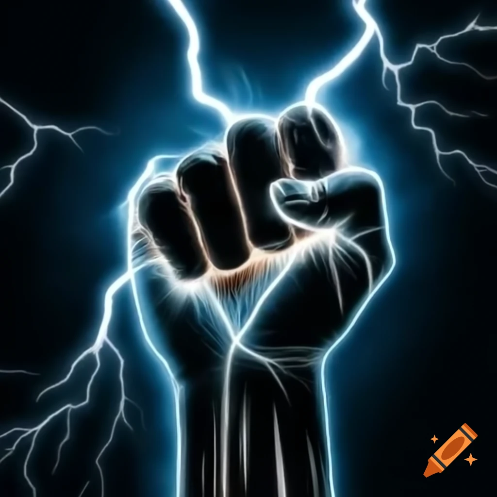 Clenched fist with outstretched index finger being struck by lightning ...