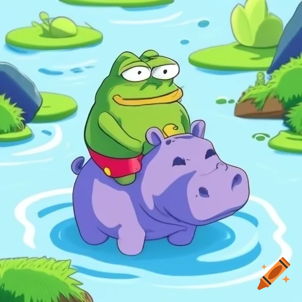 Chubby pepe riding mini hippo in shallow water on Craiyon