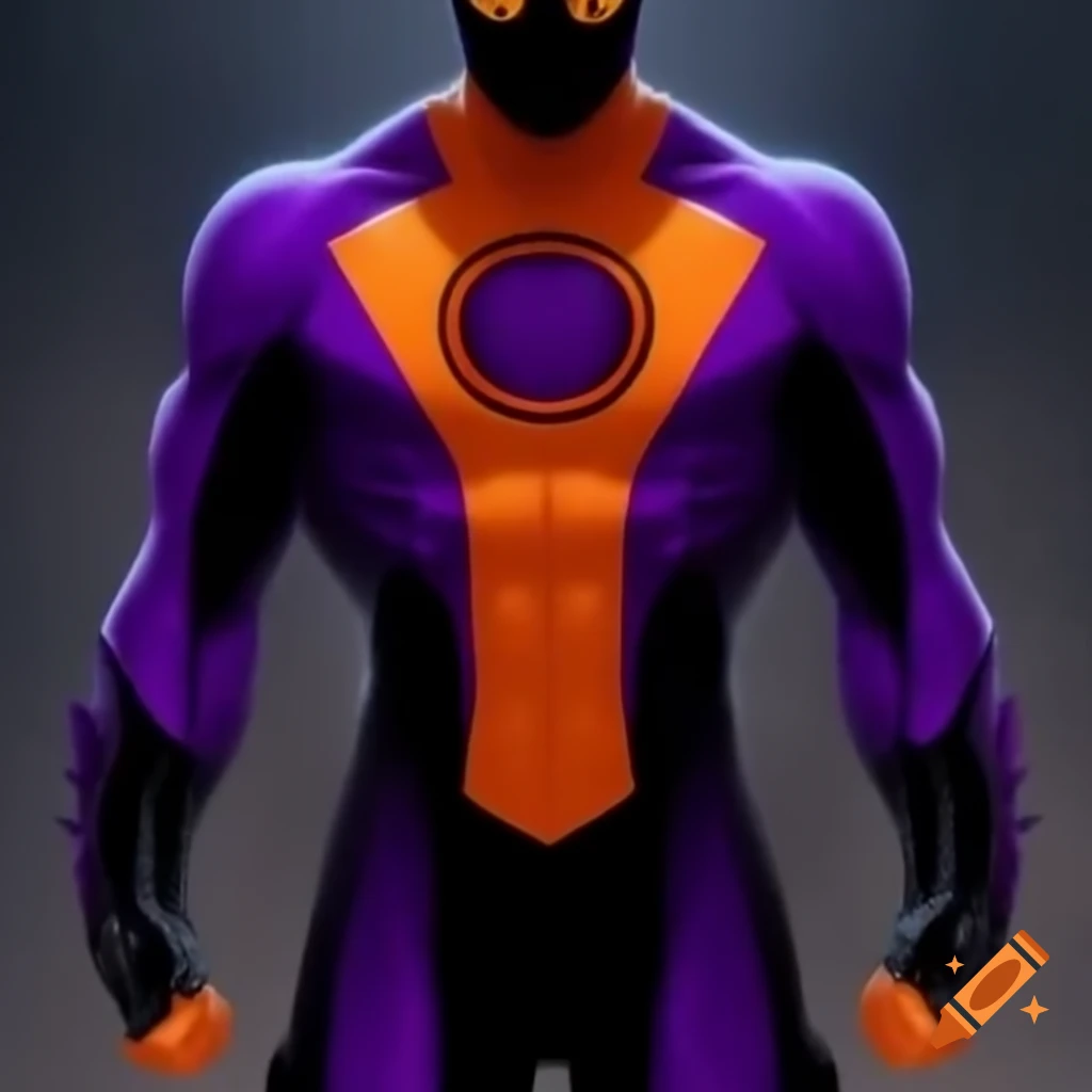 Stylish purple superhero suit with orange lining and black mask on Craiyon