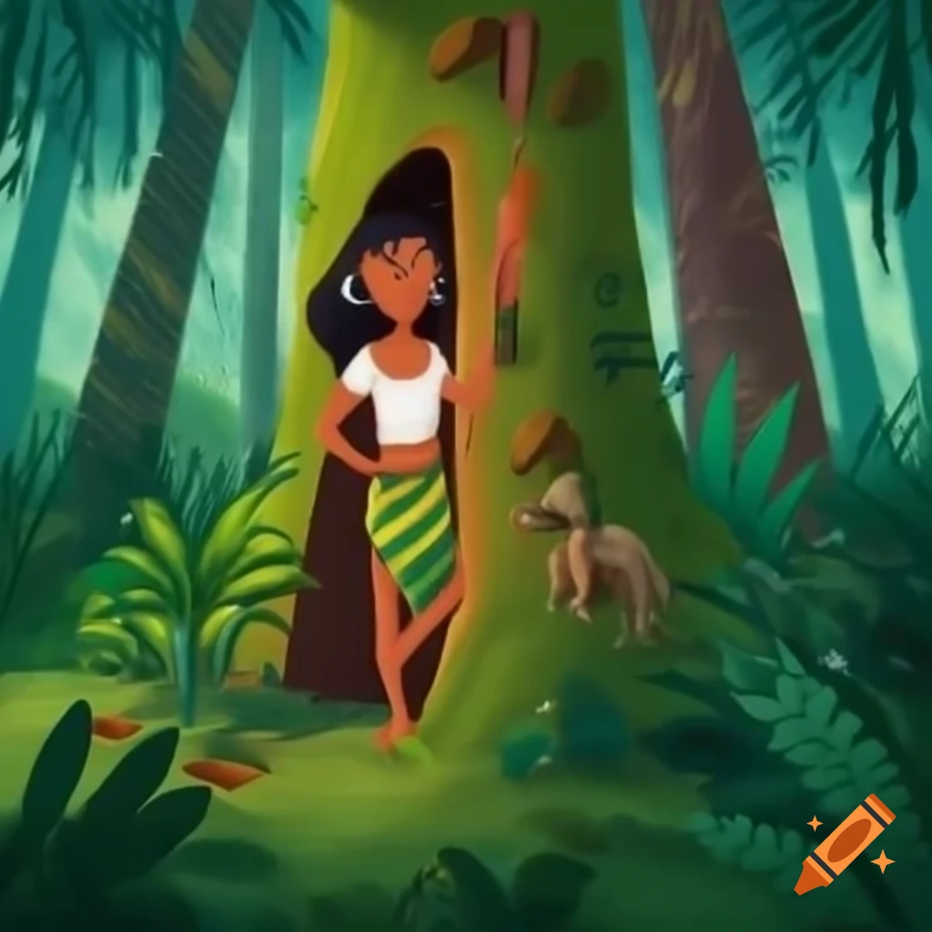 Brazilian indigenous woman in amazon rainforest gazing at samauma tree ...