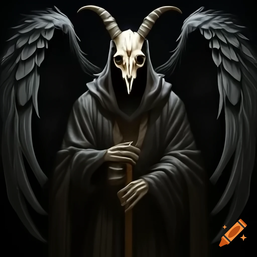 Humanoid skeletal figure with black wings and goat skull head wearing ...