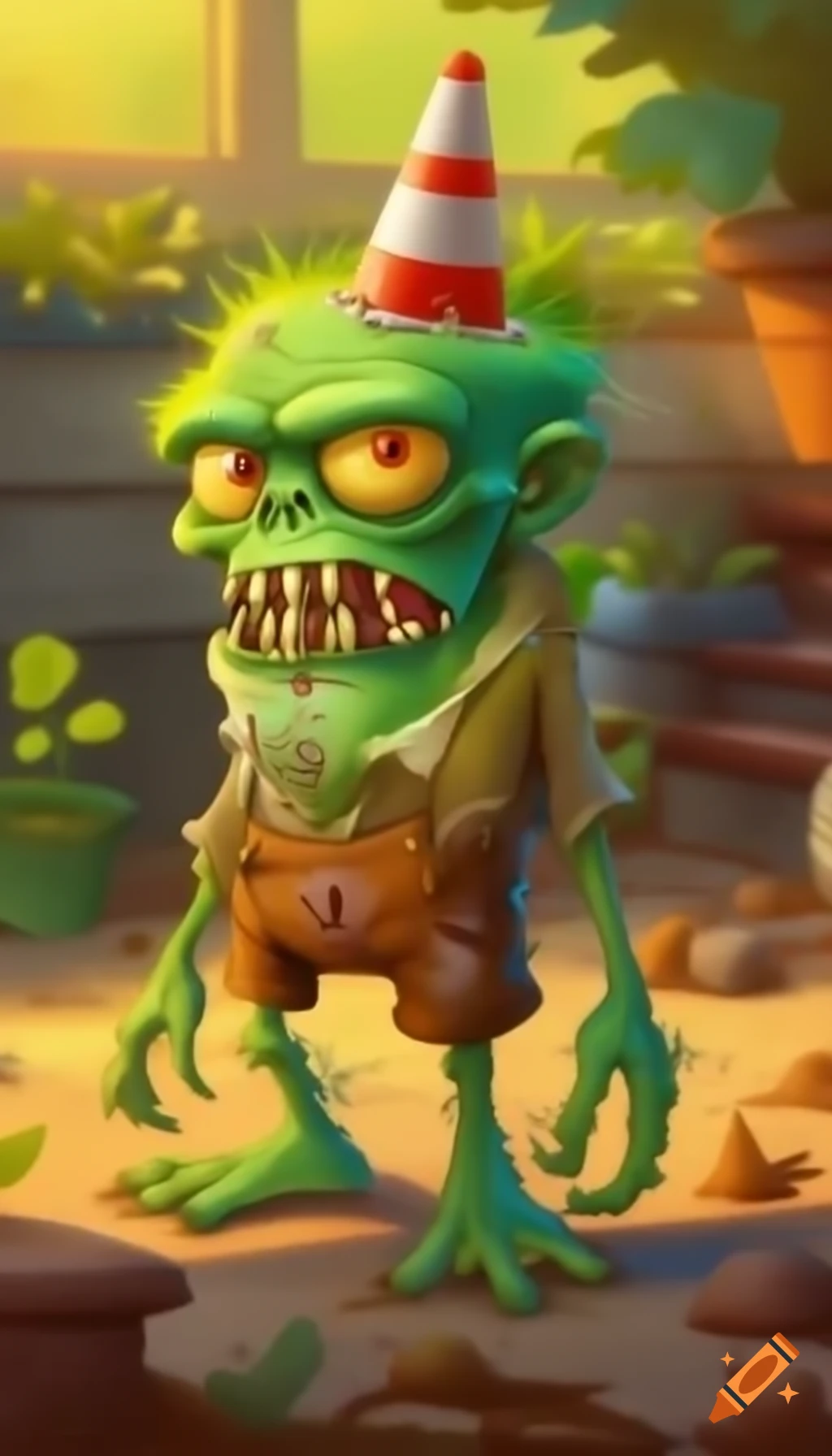 Zombie with traffic cone hat in plants vs zombies style in garden on ...