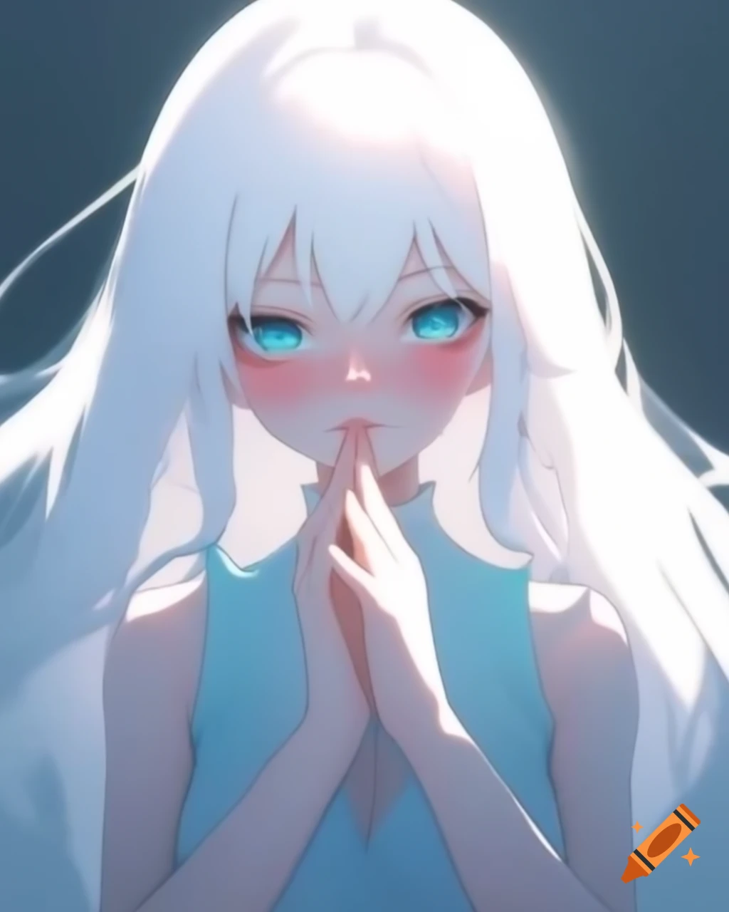 Anime woman with white hair and aquamarine eyes in subtle pose on Craiyon