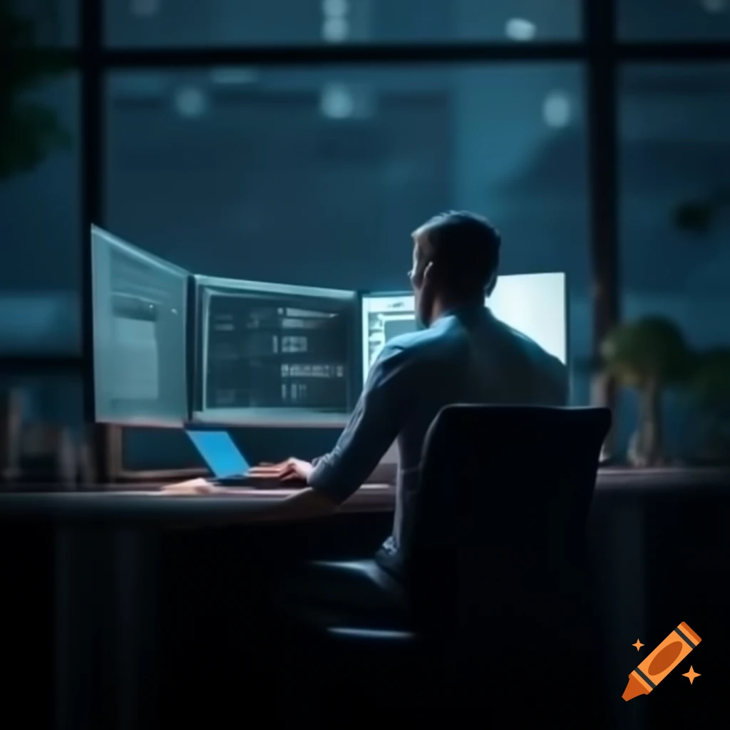 Software developer in a dark room with rain outside, creating a reflective atmosphere on Craiyon