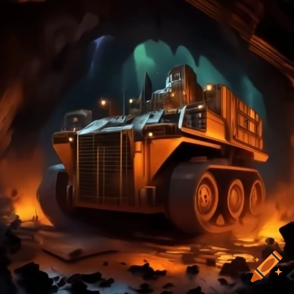 Dynamic mining scene with armored drill vehicle in underground cavern ...