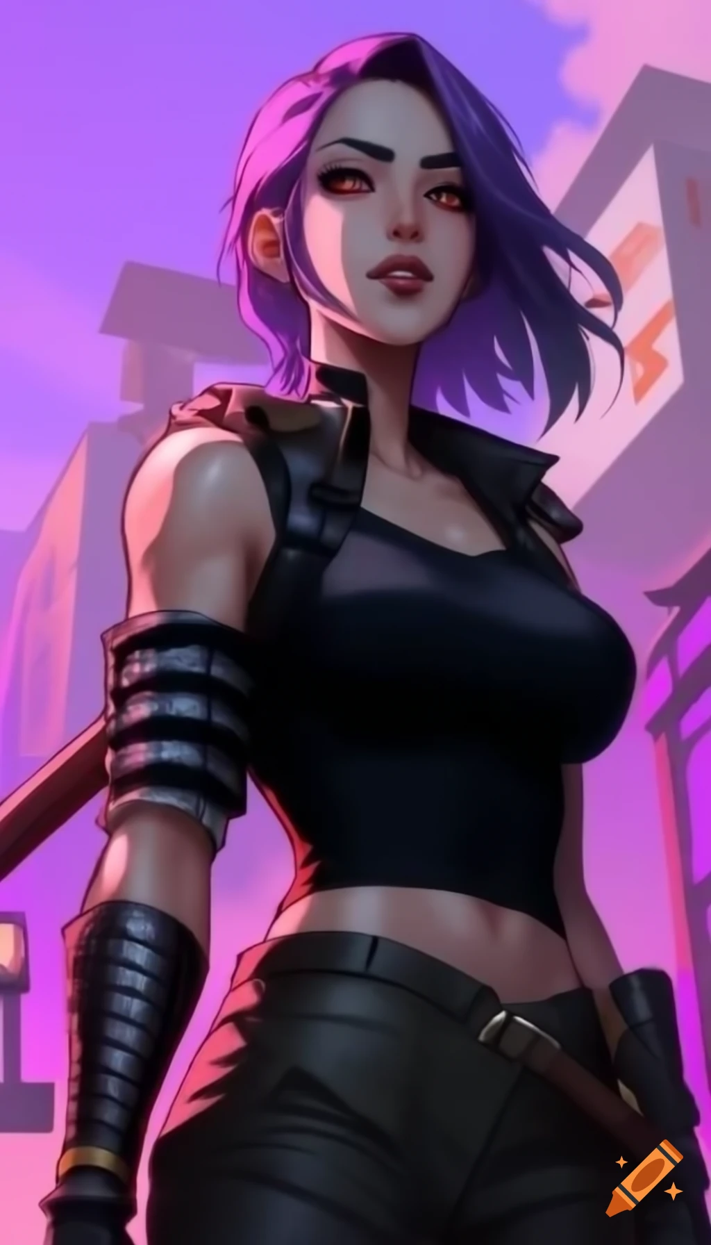 Female mercenary with shaved haircut and purple streaks, looking lost ...