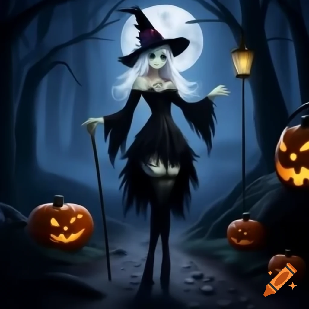 Goth witch with white hair in forest path at night with fog and ...